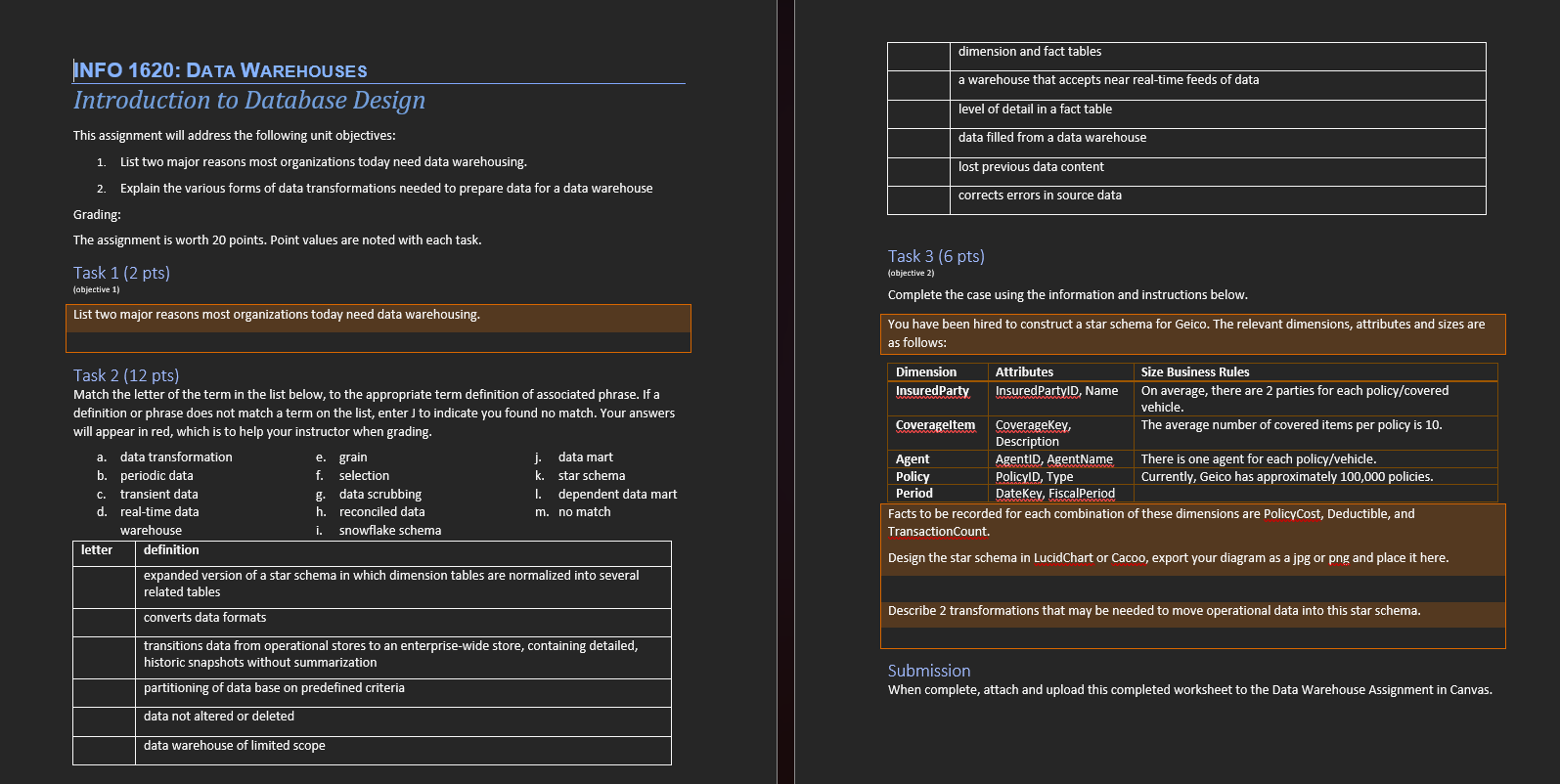 Solved INFO 1620: DATA WAREHOUSES Introduction to Database | Chegg.com