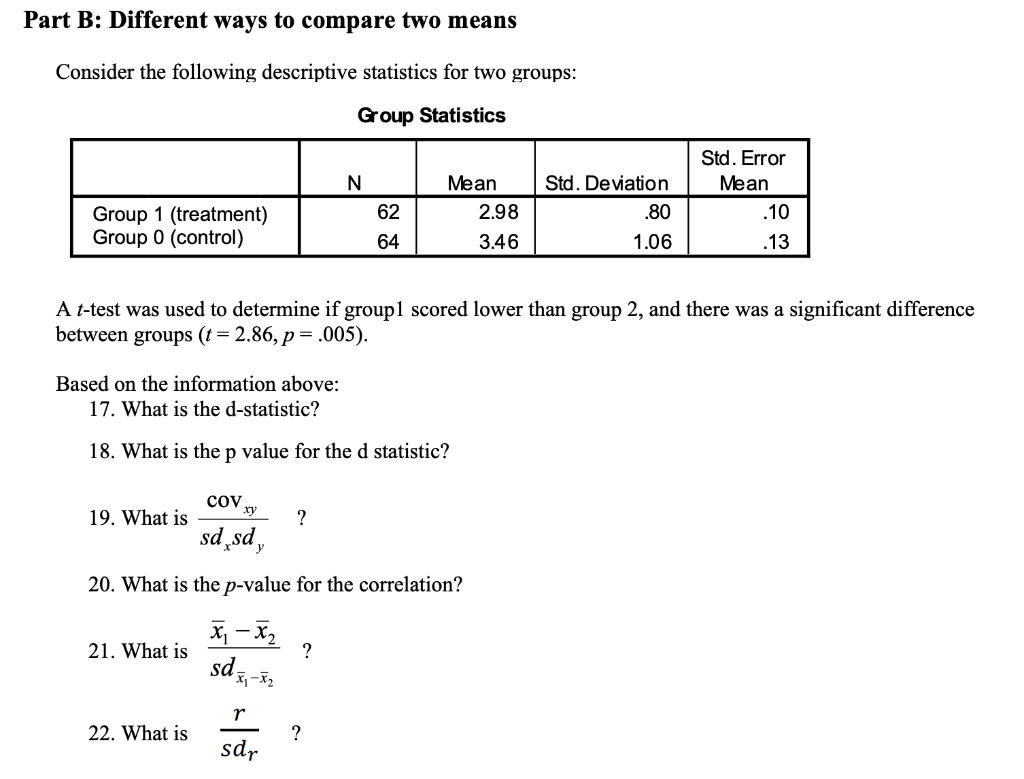 Part B: Different ways to compare two means Consider | Chegg.com