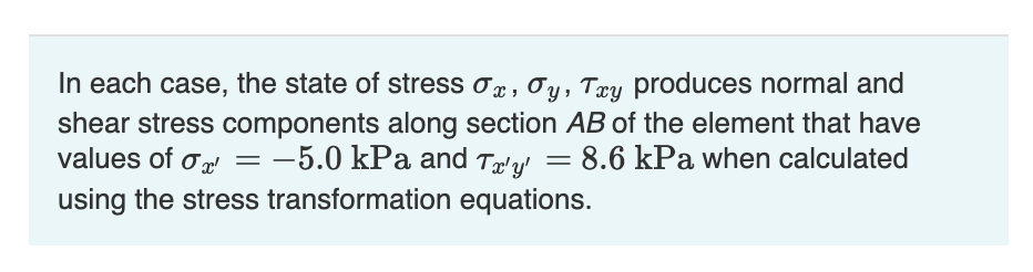 Solved In each case, the state of stress σx,σy,τxy produces | Chegg.com