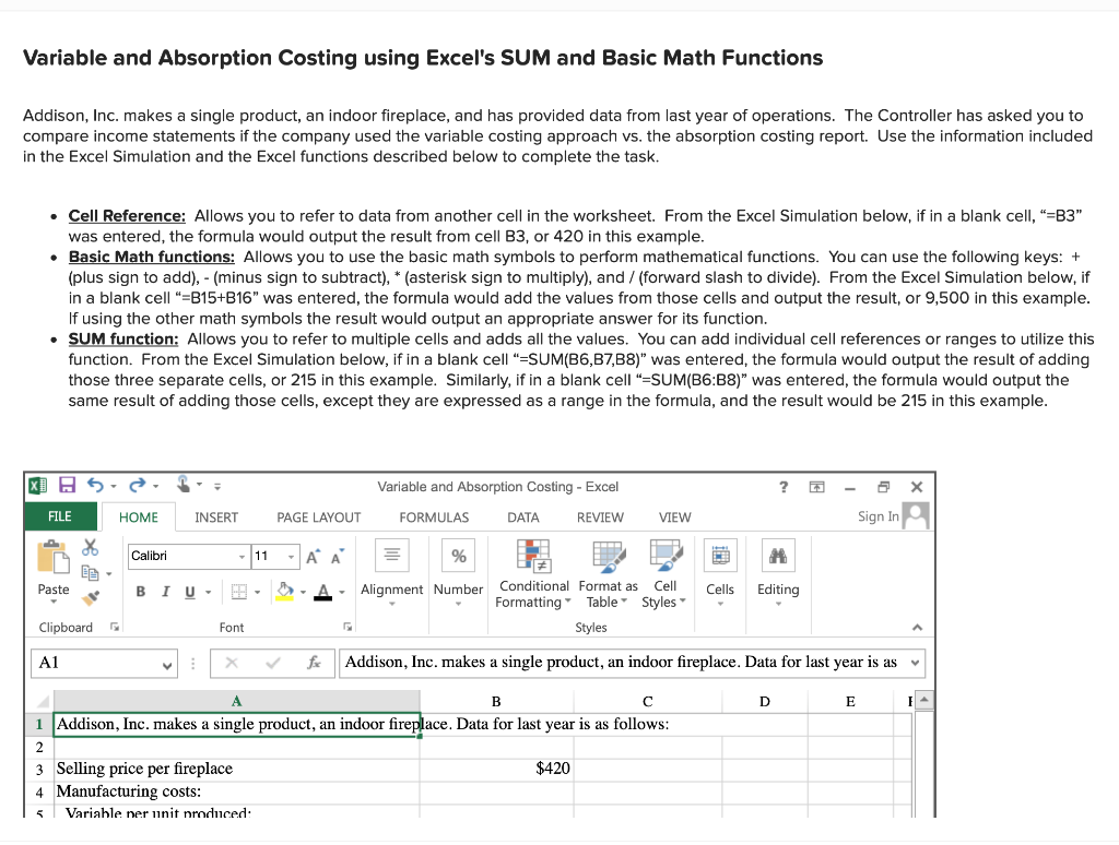 Solved Variable And Absorption Costing Using Excels Sum And 7042