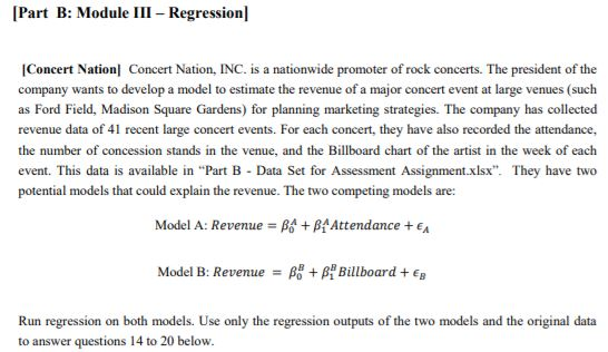 Solved [Part B: Module III - Regression Concert Nation | Chegg.com