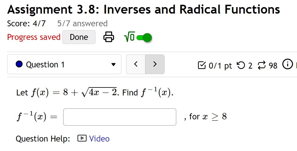 Solved Assignment 3.8: Inverses and Radical Functions Score: | Chegg.com
