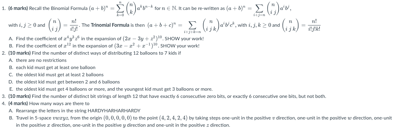 Solved 1. (6 marks) Recall the Binomial Formula | Chegg.com