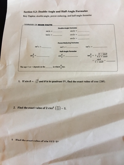 Solved Section 5.3: Double-Angle and Half-Angle Formulas Key | Chegg.com