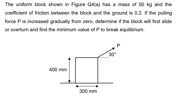 [Solved]: The uniform block shown in Figure Q4(a) has a mas
