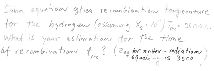 Solved Saha equation gives recombination temperature for the | Chegg.com