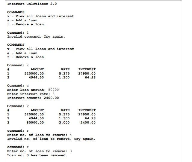 Solved Interest Calculator 2.0 COMMANDS v - View all loans | Chegg.com