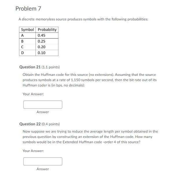 Solved Problem 7 A discrete memoryless source produces | Chegg.com