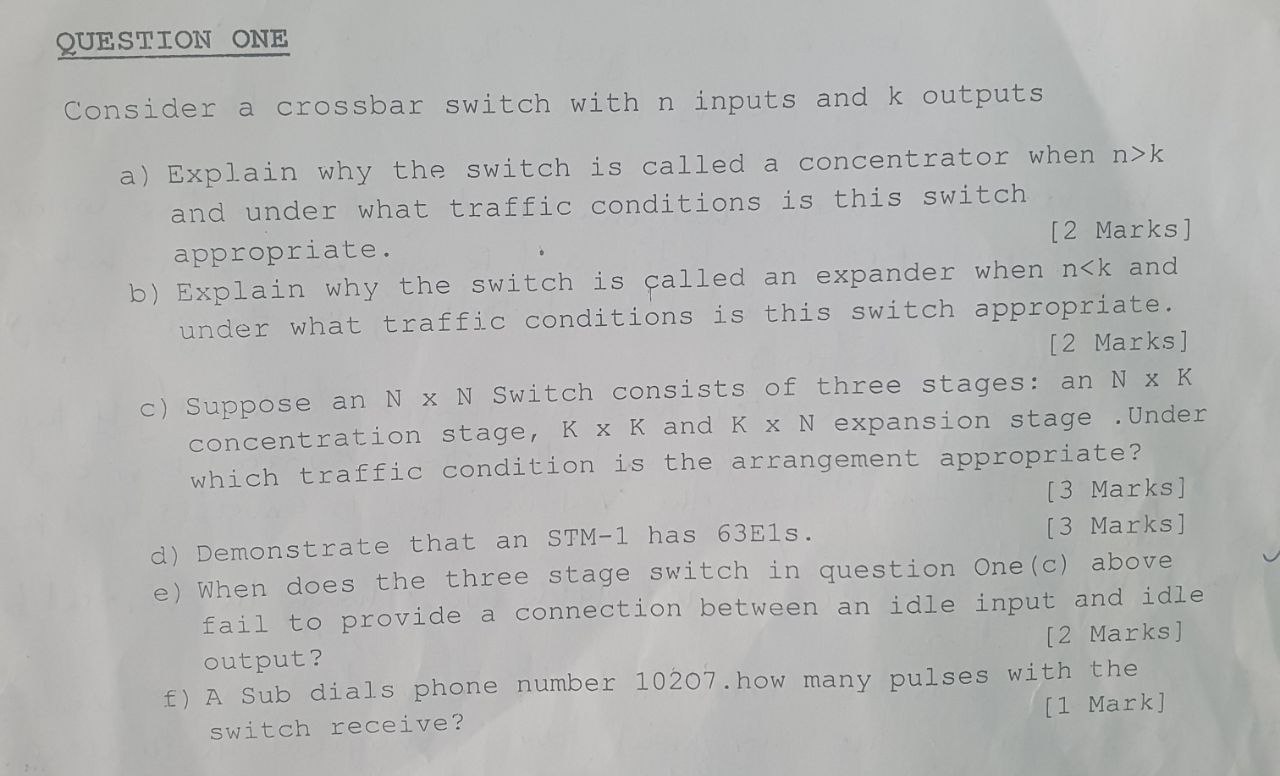 QUESTION ONE Consider a crossbar switch with n inputs | Chegg.com
