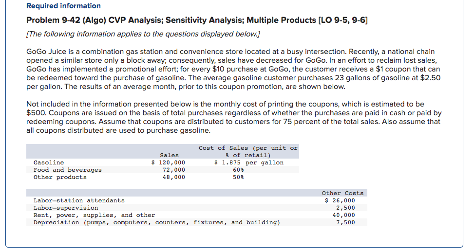 Solved Problem 9-42 (Algo) CVP Analysis; Sensitivity | Chegg.com