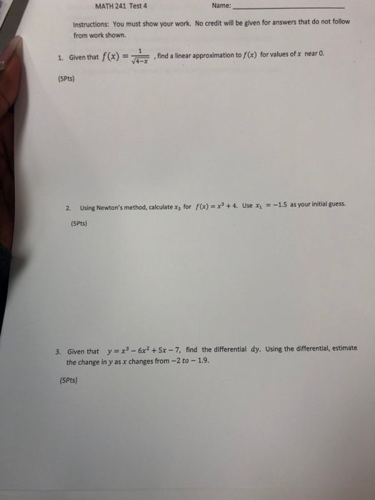 Solved MATH 241 Test 4 Name: Instructions: You must show | Chegg.com