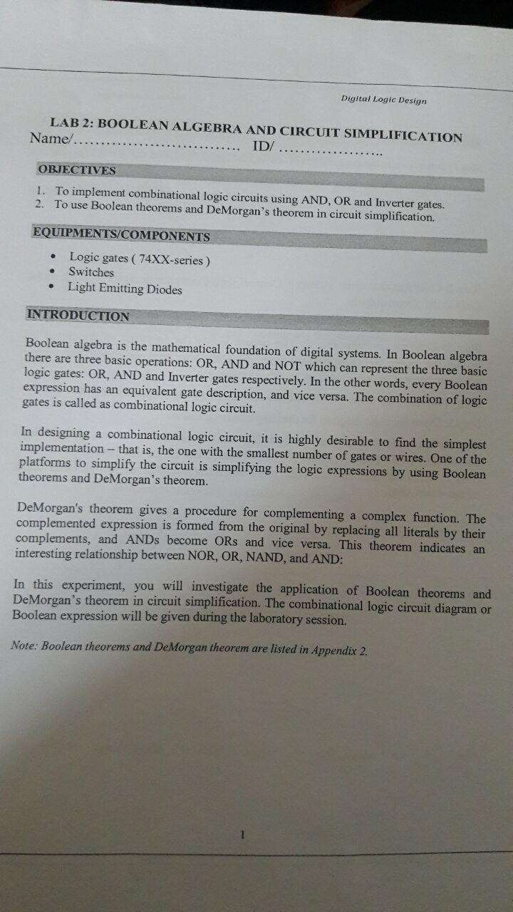 Solved Digital Logic Design LAB 2: BOOLEAN ALGEBRA AND | Chegg.com