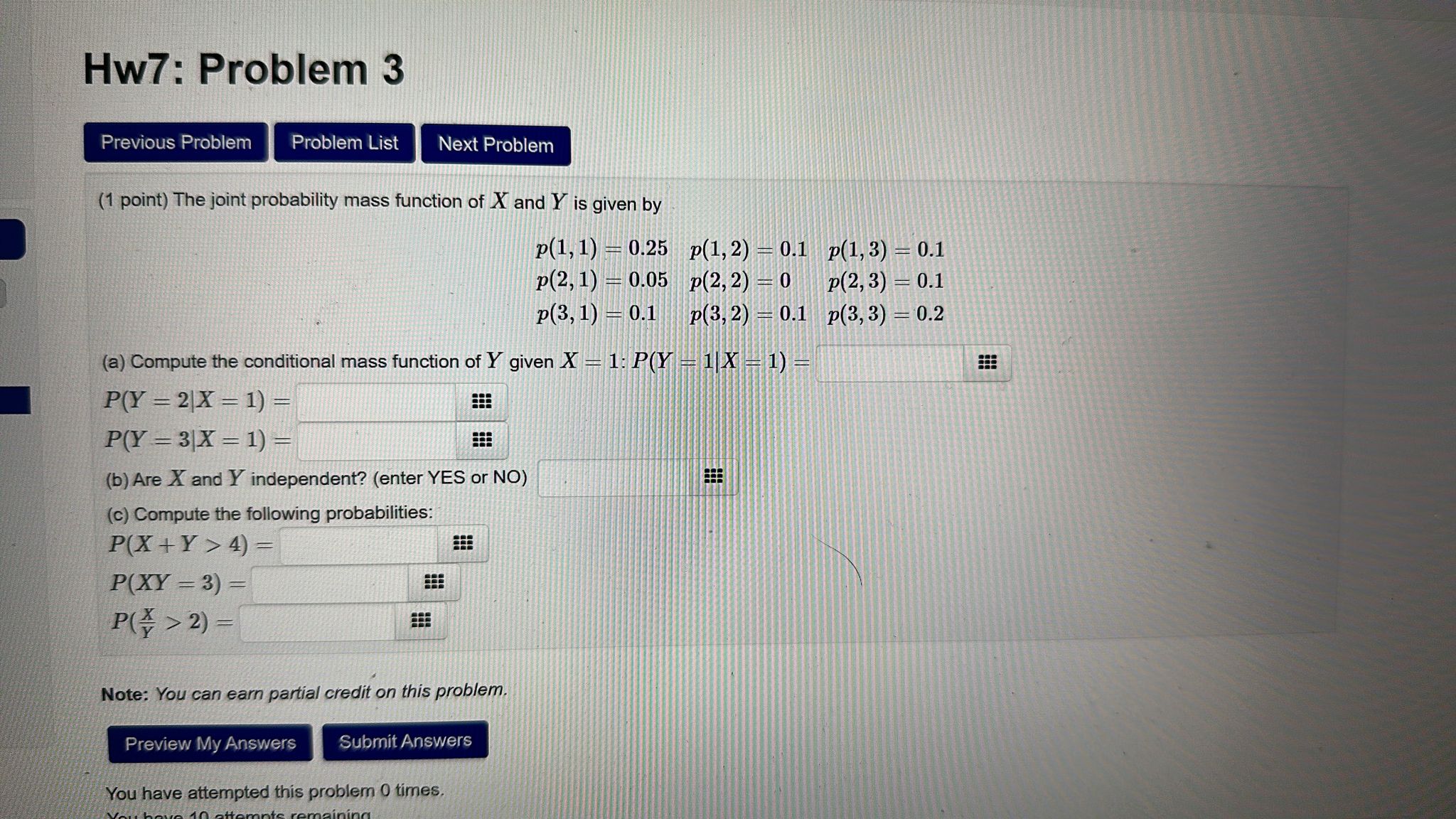 Solved (1 ﻿point) ﻿The joint probability mass function of x | Chegg.com