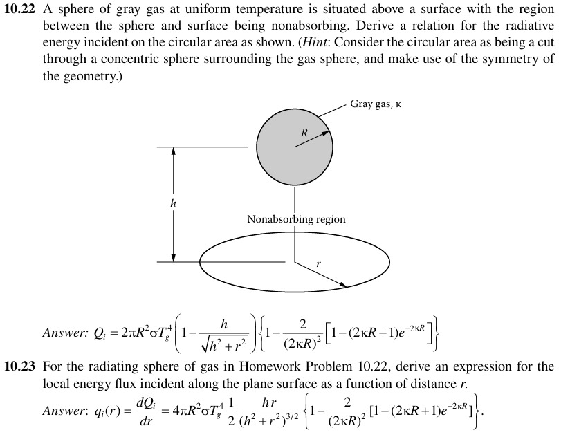 Solved 10.22 ﻿A sphere of gray gas at uniform temperature is | Chegg.com