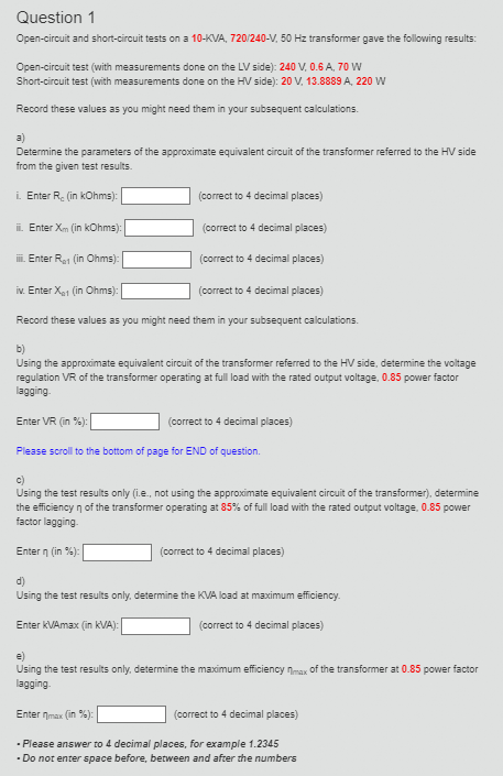 Solved Question 1open Circuit And Short Circuit Tests On A
