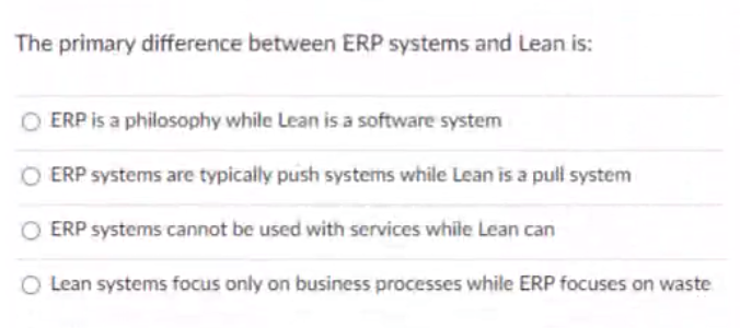 Solved The primary difference between ERP systems and Lean | Chegg.com