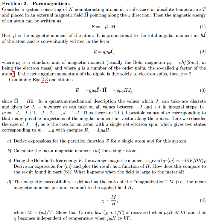 Solved Problem 2. Paramagnetism. Consider a system | Chegg.com