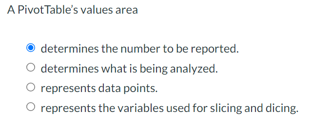 Solved A PivotTable's values area determines the number to | Chegg.com