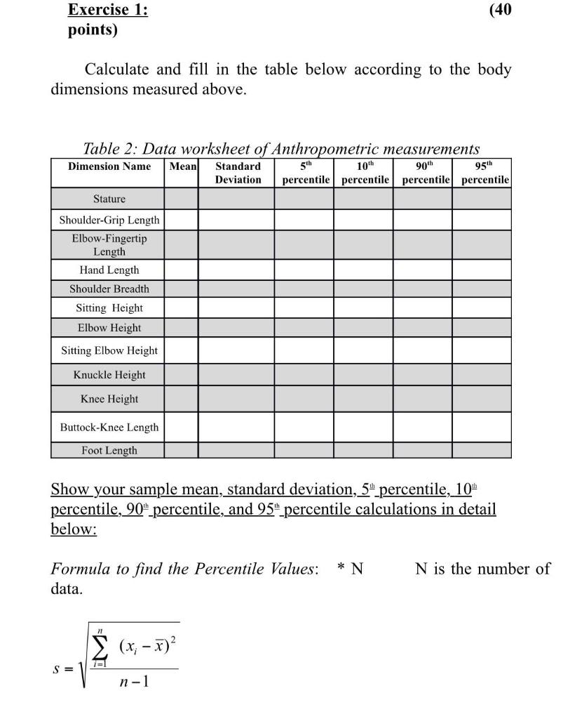 Solved (40 Exercise 1: points) Calculate and fill in the | Chegg.com