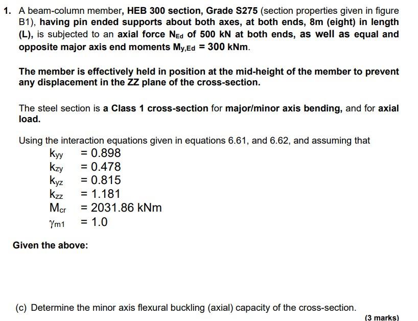 Solved 1. A beam-column member, HEB 300 section, Grade S275 | Chegg.com
