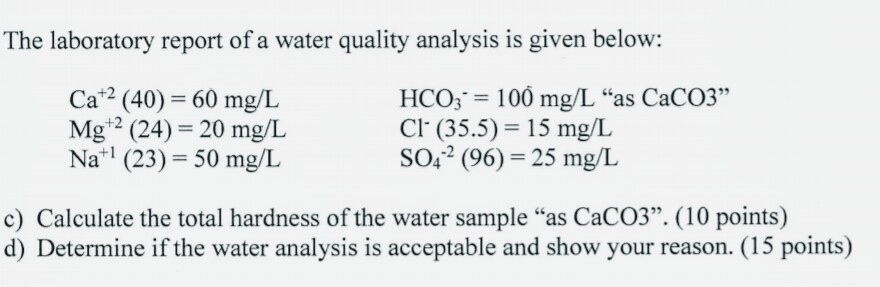 Solved The laboratory report of a water quality analysis is | Chegg.com