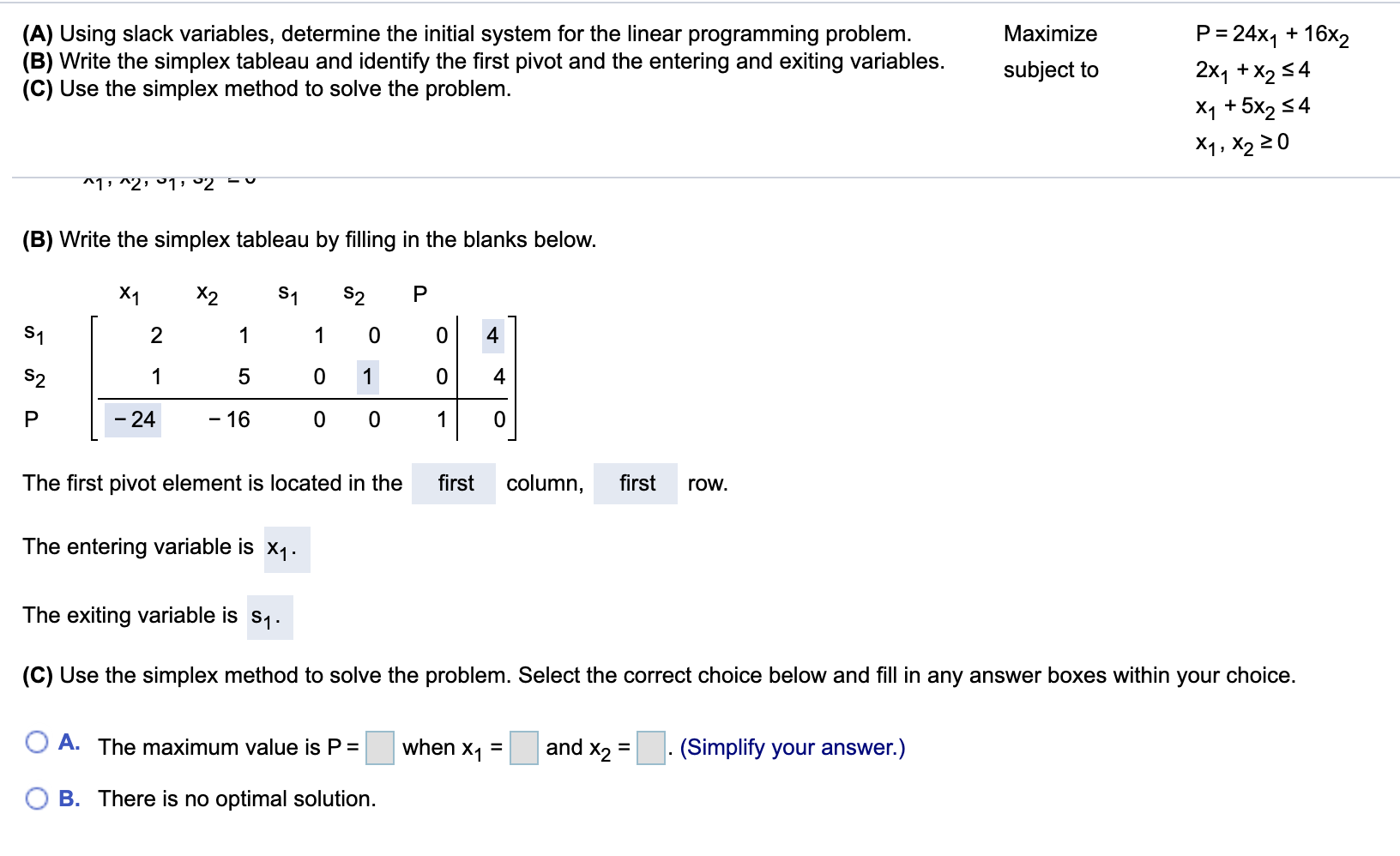 Solved Maximize A Using Slack Variables Determine The 0354