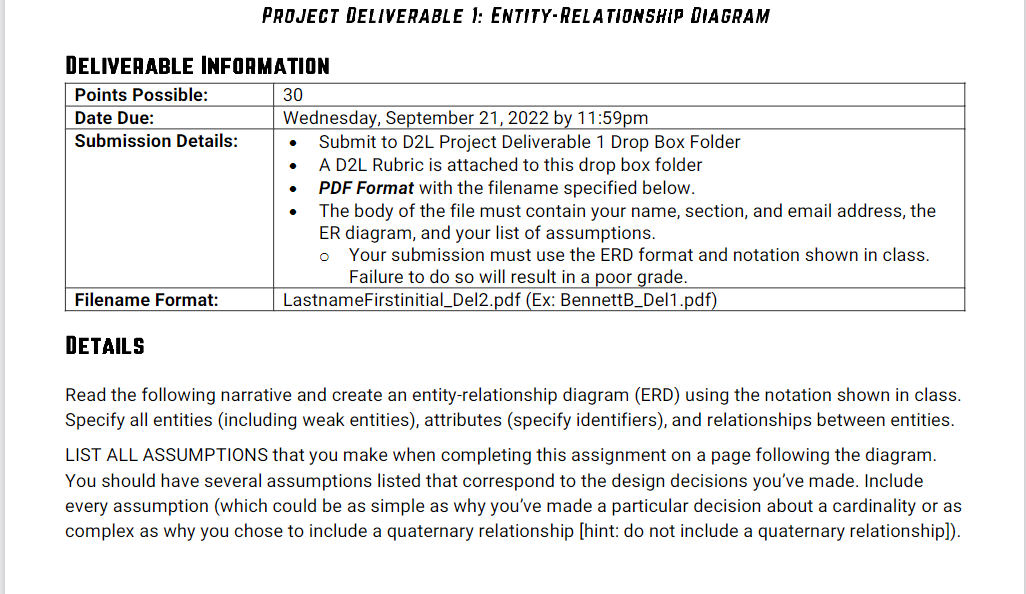 Solved PROJECT DELIVERABLE I: ENTITY-RELATIONSHIP DIAGRAM | Chegg.com