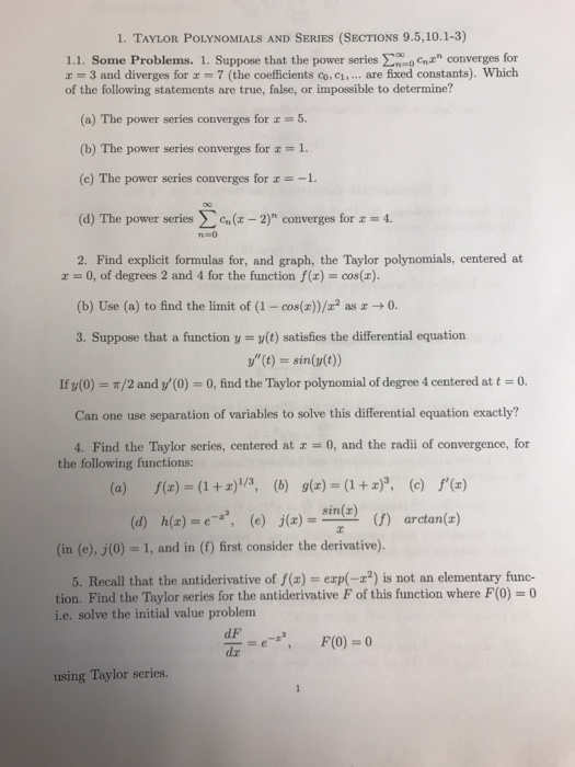 Solved 1. TAYLOR POLYNOMIALS AND SERIES (SECTIONS | Chegg.com