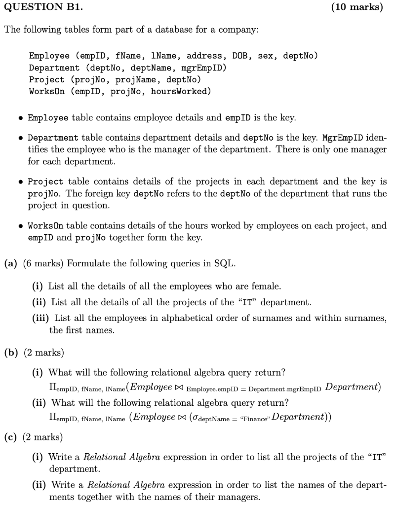 Solved QUESTION B1. (10 marks) The following tables form | Chegg.com