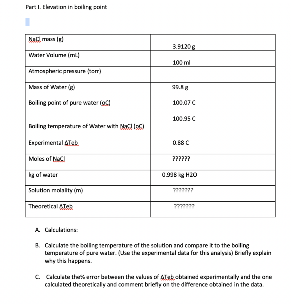 Solved Part I. Elevation in boiling point NaCl mass (g) | Chegg.com