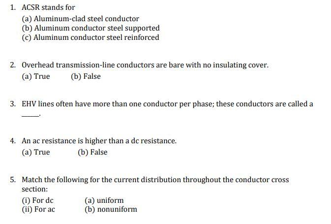Solved 1. ACSR stands for (a) Aluminum-clad steel conductor | Chegg.com
