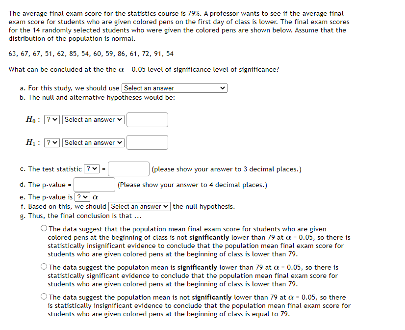 Solved The average final exam score for the statistics | Chegg.com