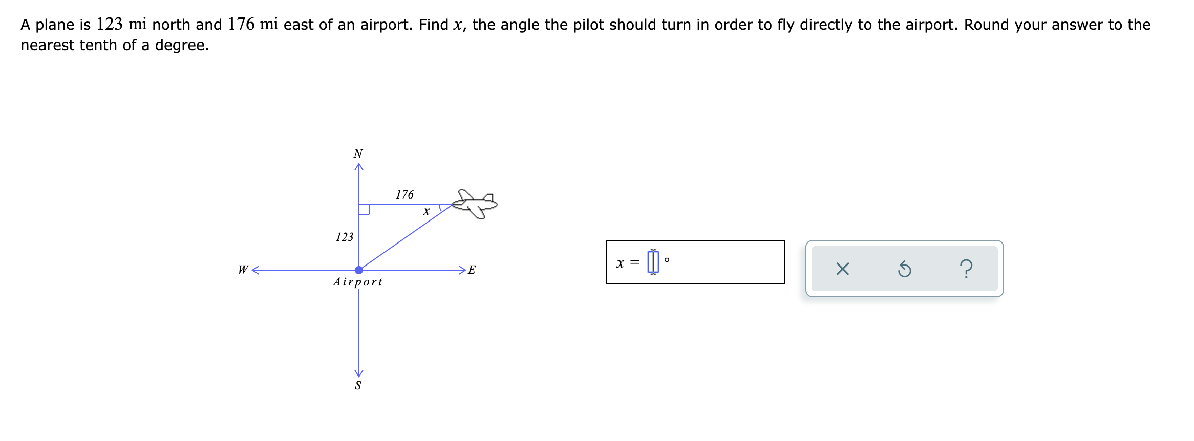 Solved A plane is 123 mi north and 176 mi east of an | Chegg.com