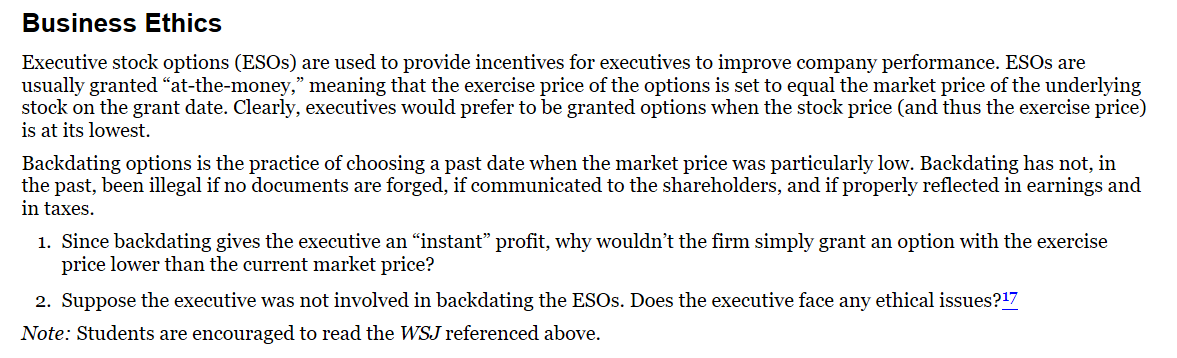 Solved Business Ethics Executive stock options (ESOs) are | Chegg.com