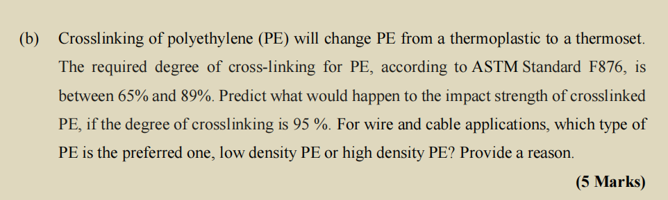 Solved (b) Crosslinking of polyethylene (PE) will change PE | Chegg.com