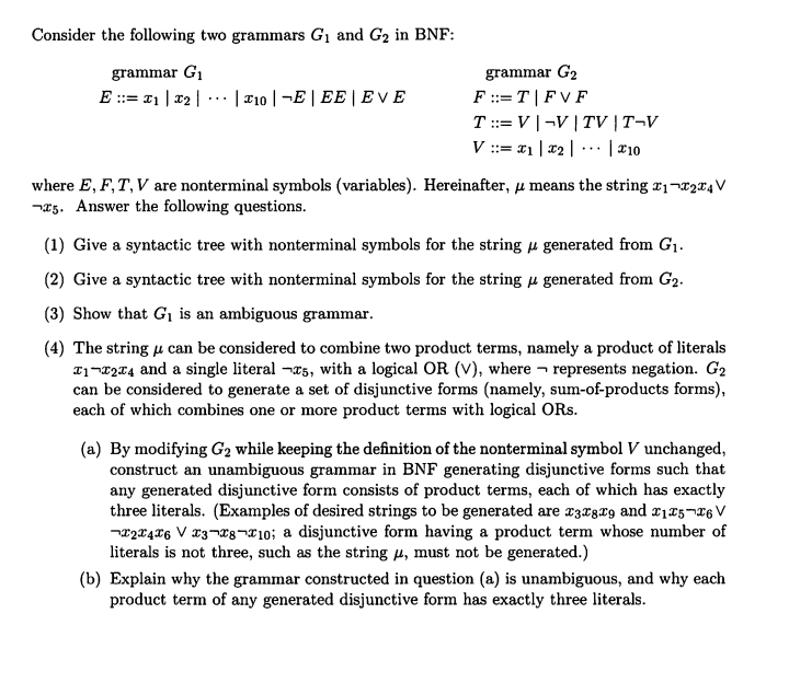 Solved T = Consider the following two grammars G1 and G2 in | Chegg.com