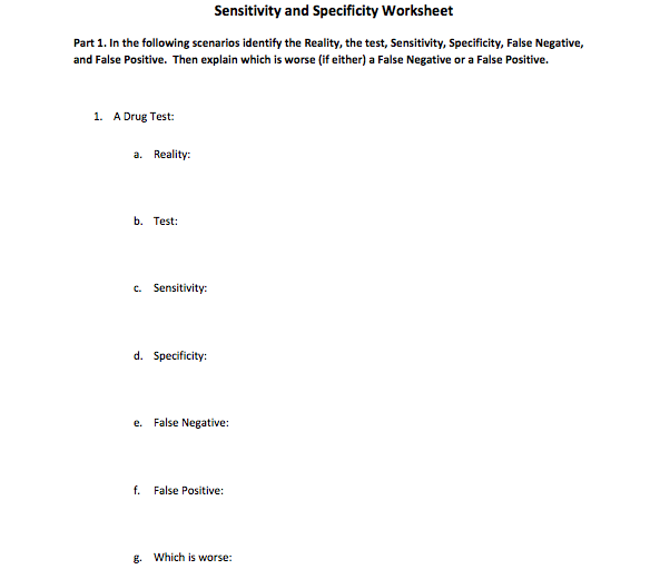 Solved Sensitivity and Specificity Worksheet Part 1. In the | Chegg.com Solved Sensitivity and Specificity Worksheet Part 1. In the | Chegg.com