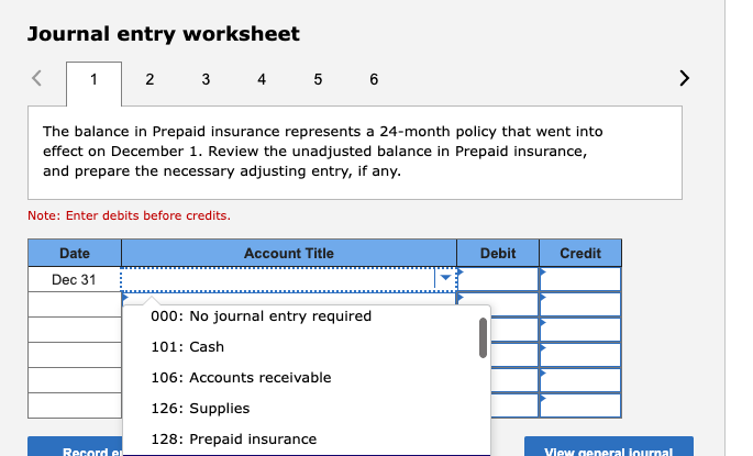 Journal entry worksheet The balance in Prepaid | Chegg.com
