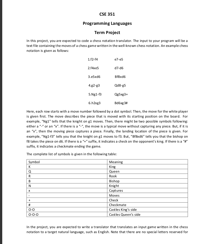 Solved Cse 351 Programming Languages Term Project In This