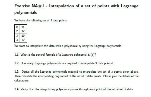 Solved Exercise NA#1 - Interpolation of a set of points with | Chegg.com
