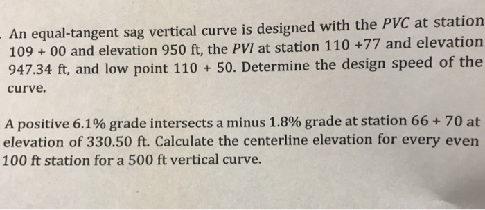 An equal-tangent sag vertical curve is designed with | Chegg.com
