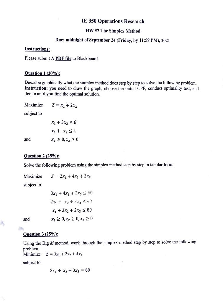 Solved IE 350 Operations Research HW #2 The Simplex Method | Chegg.com