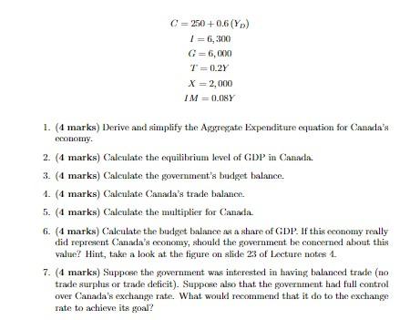 Solved C=250+0.6(YD)I=6,300G=6,0(0)I′=0.2YX=2,000IM=0.08Y 1. | Chegg.com