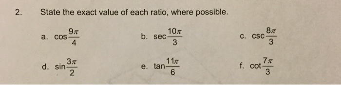 Solved State the exact value of each ratio, where possible. | Chegg.com