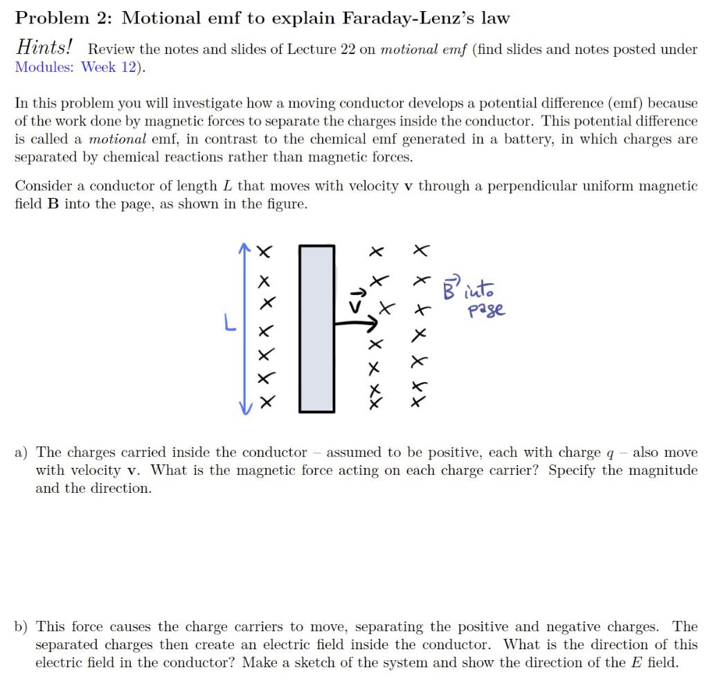 Problem 2: Motional emf to explain Faraday-Lenz's law | Chegg.com