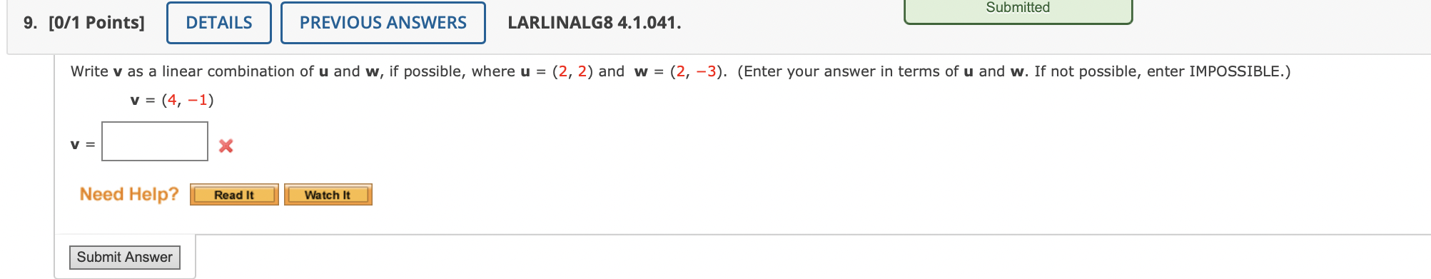 Solved Write v as a linear combination of u and w, if | Chegg.com
