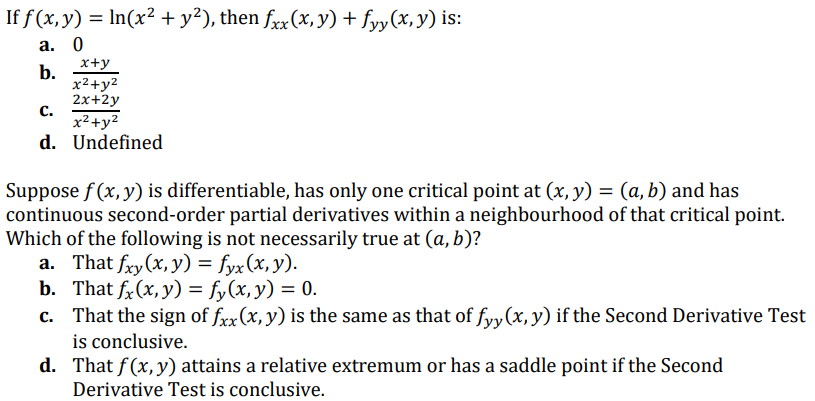 Solved = If f(x,y) = ln(x2 + y2), then fxx(x, y) + fyy(x,y) | Chegg.com