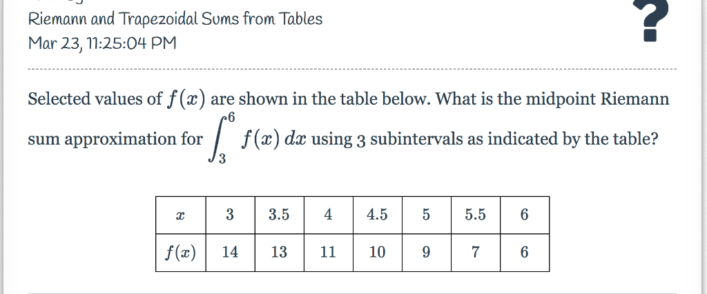 Solved Riemann and Trapezoidal Sums from Tables Mar 23, | Chegg.com