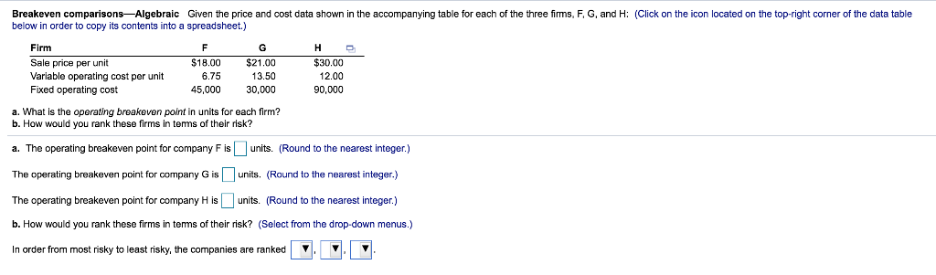 Solved Breakeven comparisons-Algebraic Given the price and | Chegg.com