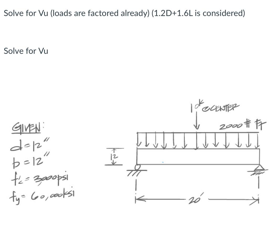 Solved Solve for Vu (loads are factored already) (1.2D+1.6L | Chegg.com